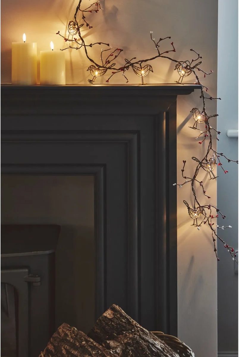 Winter Robin string with red berries - fairy lights with 12 mini Robin ...